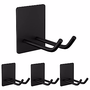 Adhesive Hooks,Extended Double Self Sticky Hooks for Bathroom,Heavy Duty Hooks Suitable Hanging CoatsTowel Razor ,Stainless Steel Utility Hooks for Kitchen Wall Hanging,Matte Black No Damage Hook-4PCS