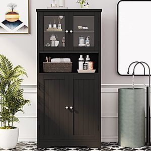 Irontar Bathroom Cabinet, Bathroom Floor Cabinet with Open Shelf, Large Display Cabinet with Doors, Kitchen Cupboard, Storage Cabinet for Living Room, 23.6 x 11.8 x 50.4 Inches, Black CWG006B