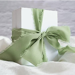 Chiffon Silk Ribbon Green & White Handmade Frayed Fringe Sheer Boho Ribbon for Flower Bouquet, Gift Wrapping, Wedding Invitations, 1-1/2'' 5 Yards*4 Rolls