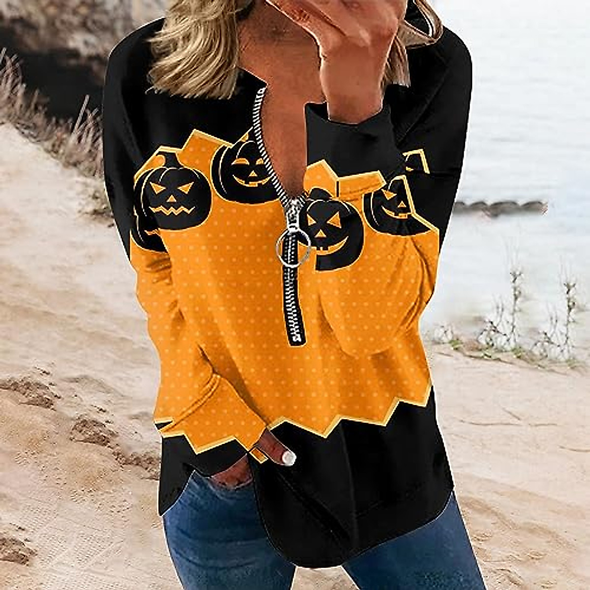 Fall Quarter Zip Collar Sweatshirts for Women Lapel Long Sleeve Blouses Sweatshirts Oversized Comfy Pullover Loose Fitting Graphic Blouse Zipper Quarter Zip Tops Printed V-Neck Tunic Top