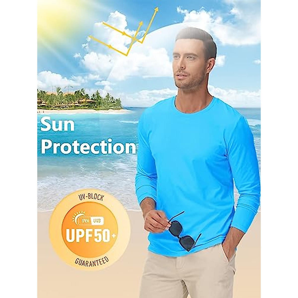 TACVASEN Sun Shirts for Men UPF 50+ Men's Long Sleeve Shirt Cooling Shirts Lightweight Quick Dry Shirts Hiking Shirts Mens UV Protection Shirts Azure