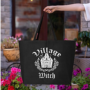 shop4ever Village Witch Halloween Trick or Treat Jumbo Heavy Canvas Tote Reusable Shopping Bag Black JUMBO 1