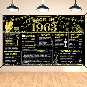 DARUNAXY 60th Birthday Black Gold Party Decoration, Back in 1963 Banner 60 Year Old Birthday Party Poster Supplies Vintage 1963 Backdrop Photography Background for Men & Women 60th Class Reunion Decor