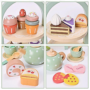 MONT PLEASANT 27pcs Wooden Tea Set for Little Girls, Toddler Tea Set Wooden Toys Play Kitchen Accessories with Cupcake Stand, Kids Tea Party Set Pretend Play Food Birthday Gift Playset