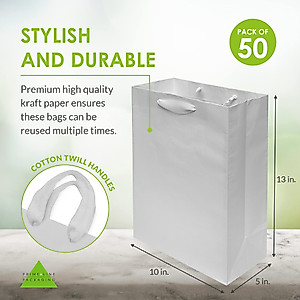 Prime Line Packaging 10x5x13 50 Pack White Gift Bags with Handles Bulk, Medium Kraft Paper Bags for Boutique, Shopping, Wedding, Birthday Gift Wrap