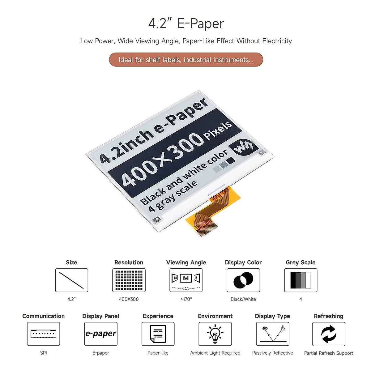 waveshare 4.2inch E-Ink Raw Display Compatible with Raspberry Pi 4B/3B+/3B/2B/B+/A+/Zero/Zero W/WH/Zero 2W Series Boards 400x300 Resolution with SPI Interface Without PCB