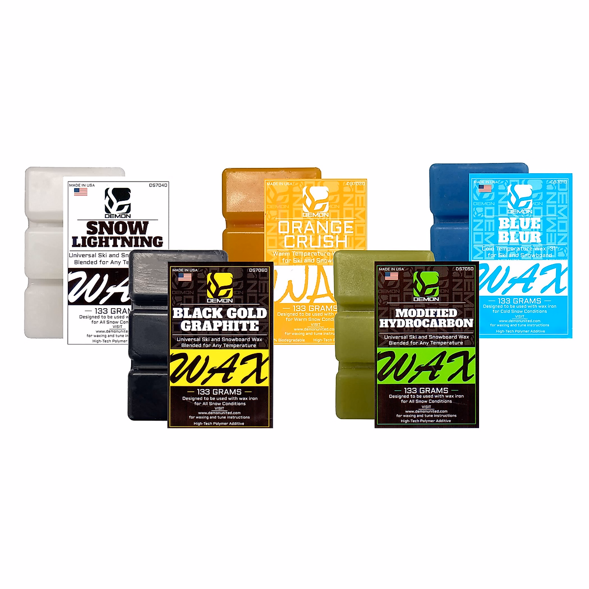 Demon United All Season Ski & Snowboard Speed Wax Kit, 133 Grams of Each Temperature of Snowboard Wax, 1.4 Lbs of Total Ski and Snowboard Wax **Made in USA** NO PFAS