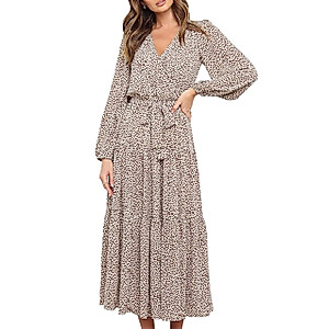 PRETTYGARDEN Womens Fall Long Sleeve Wrap V Neck Ruffle Floral Maxi Dress Casual Tie Waist Boho Chiffon Flowy Long Dresses(Apricot,Medium)