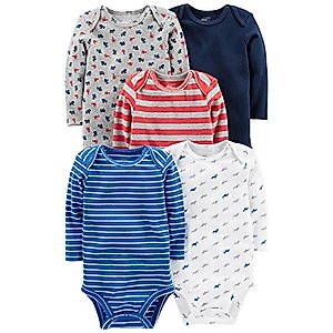 Simple Joys by Carter's Baby Boys' 5-Pack Long-Sleeve Bodysuit, Blue/Grey Trucks/Red Stripe, 24 Months