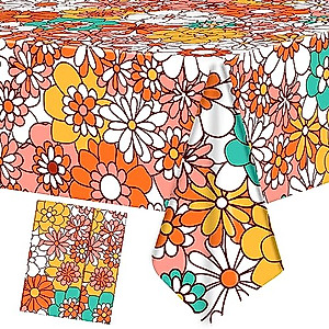Augisteen 2 PCS Groovy Tablecloth Plastic Boho Daisy Table Covers Daisy Flower Tablecloth Hippie Retro Floral Disposable Tablecloths Waterproof for Birthday Party Decor Baby Shower, 54 x 108 Inch