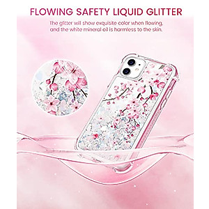 Caka Case for iPhone 11 Glitter Case Flower Bling Liquid Protective Full Body Heavy Duty with Built in Screen Protector Love Glitter Pink Blossom for Women Girl Case for iPhone 11 (6.1 inch)(Cherry)