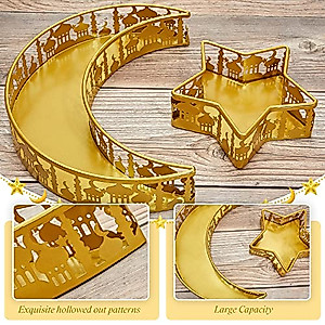 Eid Star Dinner Plate Tray Fruit Plate Ramadan Decoration Ramadan Moon Serving Tray Muslim Food Tray Mubarak Metal Serving Dishes Islam Snack Display Holder for Ramadan Islam Party Decoration, Gold