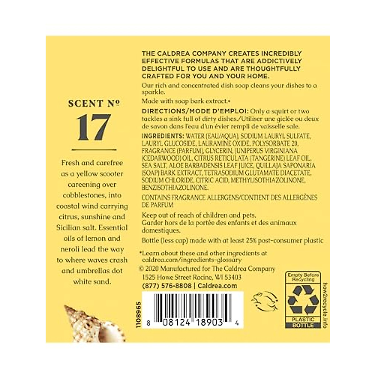 Caldrea Dish Soap, Biodegradable Dishwashing Liquid made with Soap Bark and Aloe Vera, Sea Salt Neroli, 16 oz