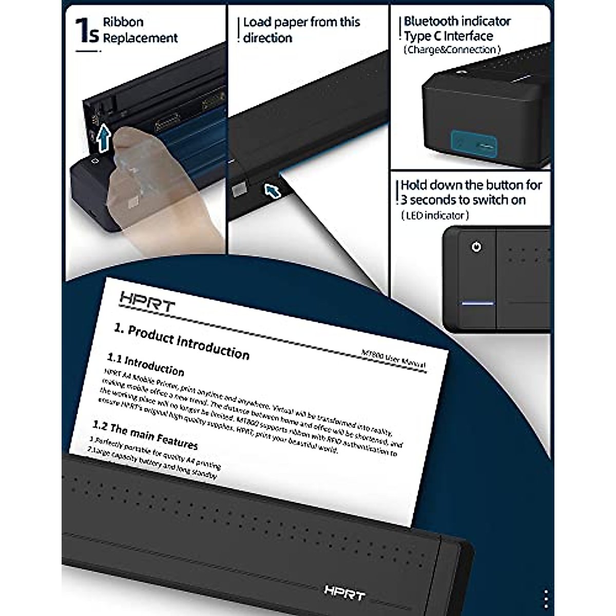 HPRT MT800 Thermal Transfer Portable Printer Support 8.5" X 11" US Letter & A4 Paper Bluetooth Wireless Travel Printer Compatible with Android and iOS,Suitable for On The Go