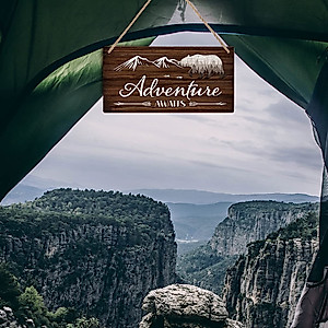 FWIEXA Adventure Awaits Inspirational Quote Sign Hanging, Rustic Wooden Plaque Wall Hanger, Mountain Bear Arrow Decorative Door Sign for Home Garden Store Porch Decor (11''x6'')