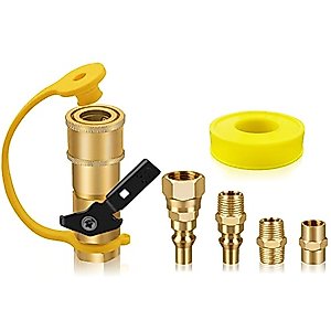 1/4" RV Propane Quick Connect Fittings Adapter Kit, Premium Brass Shutoff Valve & Full Flow Plug & 3/8" Female Flare & 1/4" Female & Male NPT for Natural Gas Quick On or Off, RV, Trailer, BBQ