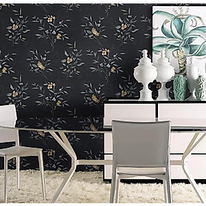 Feisoon Black and Gold Wallpaper Flower Wallpaper Floral Leaf Contact Paper Self Adhesice Wallpaper 16.14"x78.7" Waterproof Contact Paper Removable Wallpaper for Furniture Cabinet Stair Wall Decor
