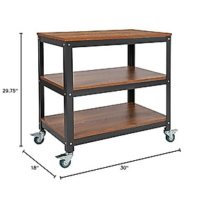 Flash Furniture Livingston Collection 30"W Rolling Storage Cart with Metal Wheels in Brown Oak Wood Grain Finish