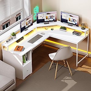DWVO L Shaped Desk with Drawer & 3 Cubbies Storage Shelves, 67" Corner Computer Desk with Power Outlets & LED Lights, L-Shaped Office Desk with Monitor Stand, White