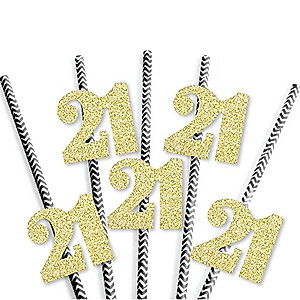 Gold Glitter 21 Party Straws - No-Mess Real Gold Glitter Cut-Out Numbers & Decorative 21st Birthday Party Paper Straws - Set of 24