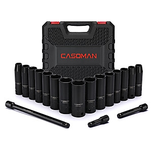 CASOMAN 18PCS 1/2" Drive Impact Socket Set, Deep, Cr-V Steel, Metric, 10mm-24mm, Includes Extension Bars:3-inch, 5-inch, 10-inch