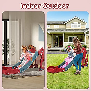 Sephyroth Kid Slide for Toddler Age 1-3 Indoor Plastic Slide Outdoor Playground Climber Slide Playset with Basketball Hoop & Ring Game (Dinosaur Red)