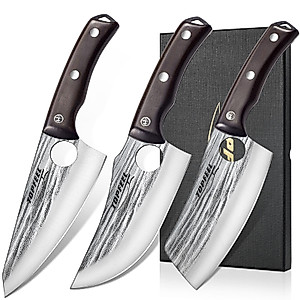 Topfeel 3PCS Butcher Knife Set Hand Forged chef knife Boning Knife, High Carbon Steel Meat Cutting Knife for Kitchen Camping BBQ…