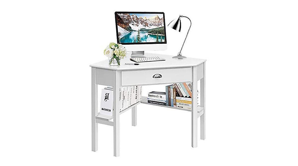 Tangkula White Corner Desk - Compact & Elegant Workspace Solution