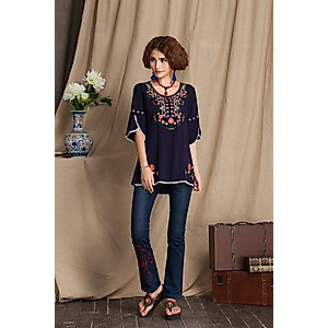 Ashir Aley Bell Sleeve Womens Girls Embroidered Cotton Peasant Tops Mexican Bohemian Shirts Blouses (L,Navy Blue)