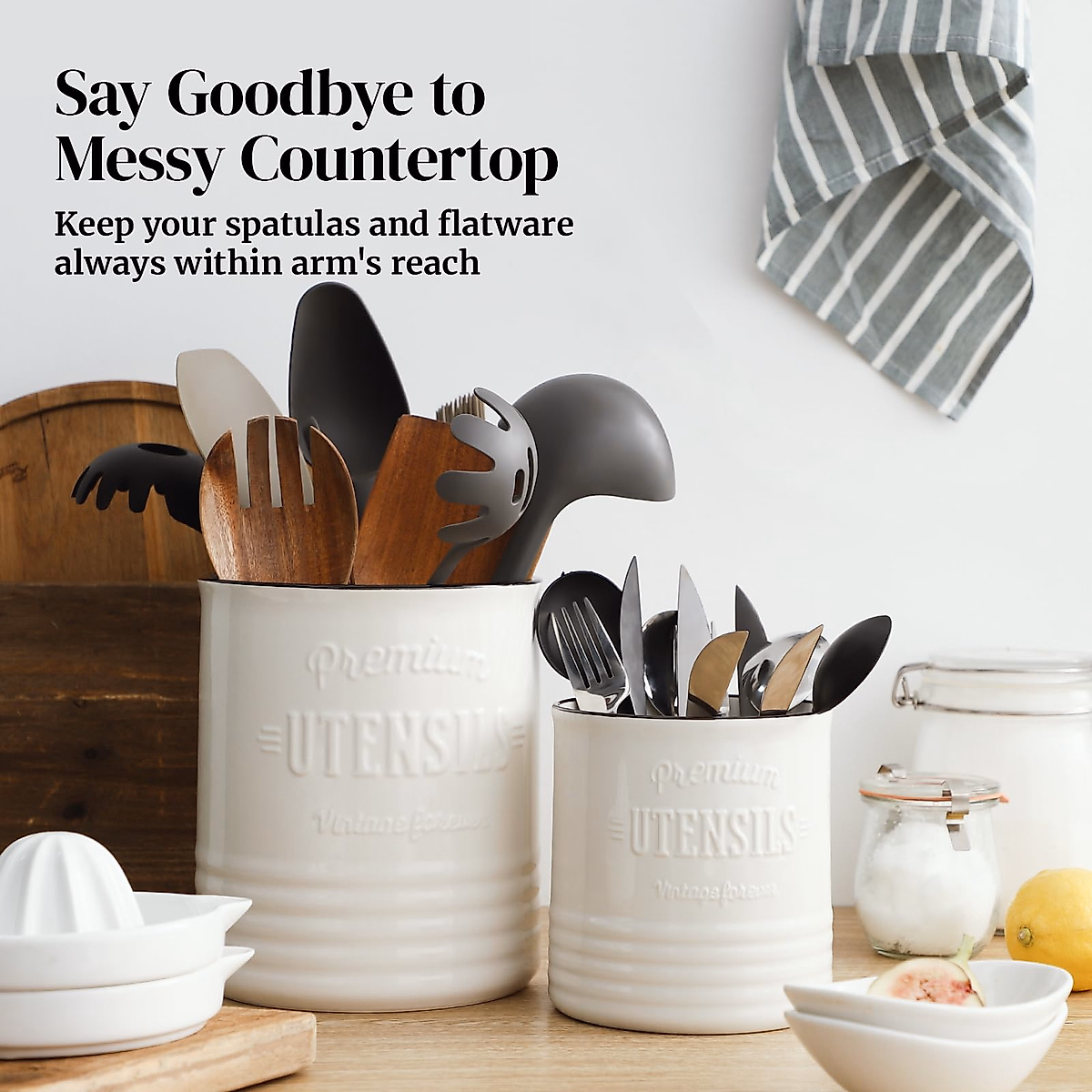 DOWAN Kitchen Utensil Holder, 7.2″ Extra-Large Ceramic Stable Utensil Caddy, Rustic Cooking Utensil Crock for Farmhouse Kitchen Décor with Countertop-Protection Cork Bottom, Counter Utensil Organizer