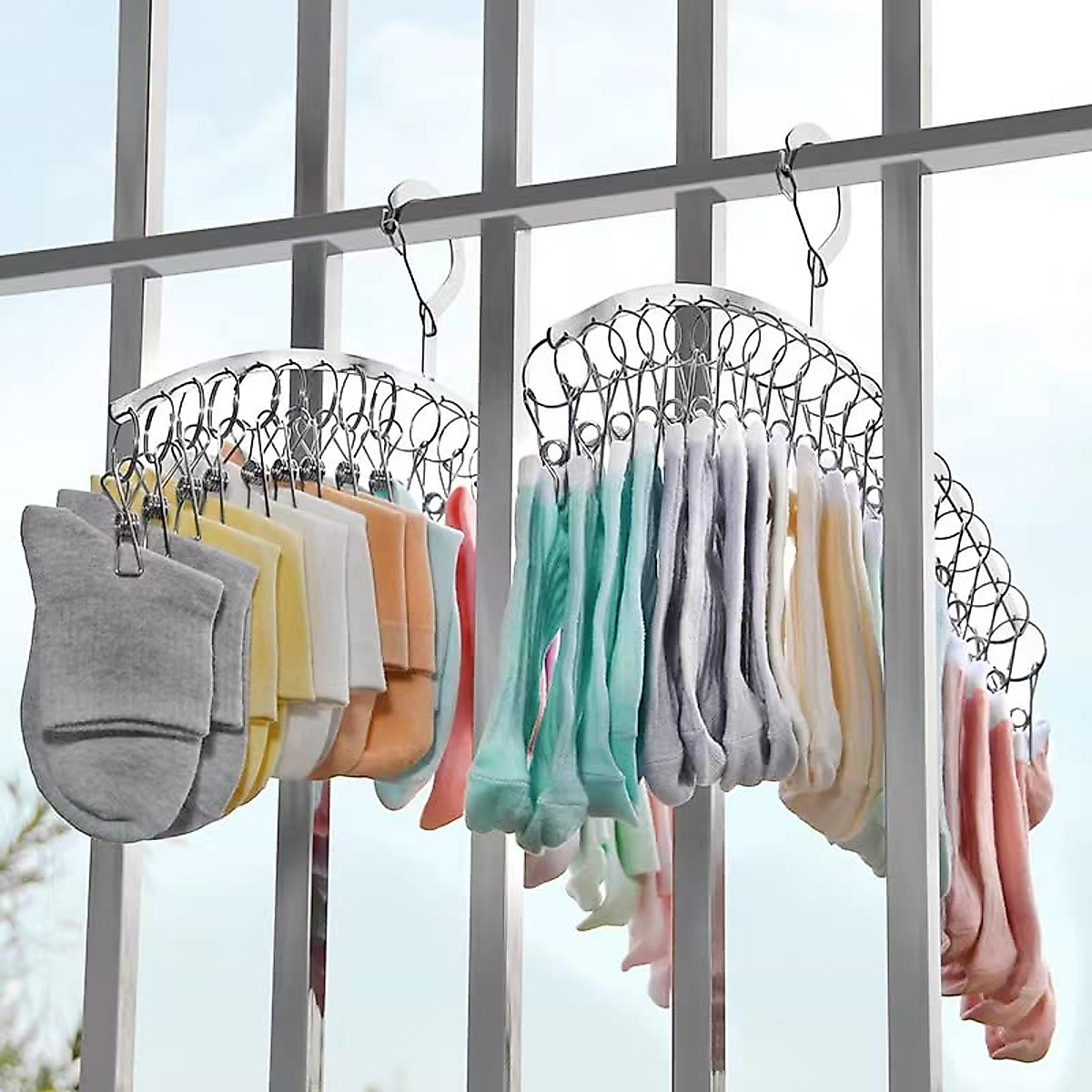 Laundry Sock Drying Rack with 20 Clips Windproof Drying Rack Multi-Purpose Stainless Steel Clothespins, ZNREUHATravel Camping Dryer Hanger for Socks, Gloves, Hat, Baby Clothes (2 Pack)
