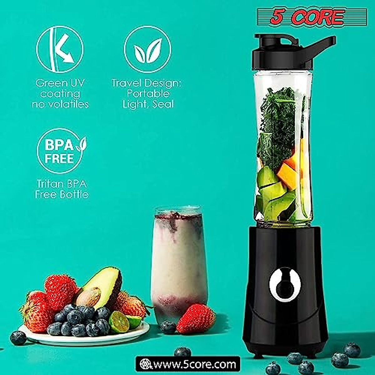 5 Core Smoothie Blender for Shakes and Smoothies, 500ml Powerful 160W Personal Blender & Smoothie Maker with Portable Bottle BPA Free 18 Oz, 4 Stainless Steel Blade, Blenders For Smoothie 5C 421