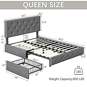 Fluest Queen Bed Frame with Headboard Storage Drawers of 4 Upholstered Bed Frame Platform Adjustable Headboard Wooden Slats Support/No Box Spring Needed/Easy Assembly/Mattress Foundation, Dark Grey