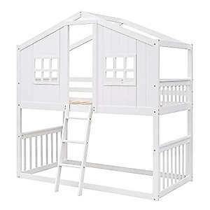 TARTOP Twin Over Twin House Bunk Bed with Ladder, Twin Wood Bed Frame with Roof Design, Bunk Bed for Teens, Boys and Girls, White
