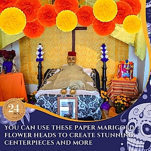 Tigeen 24 Pcs 10 Inch Marigold Flower Pom Poms Tissue Pom Poms Paper Flower Balls for Halloween Wedding Birthday Celebration Party DIY Decoration, Orange and Yellow