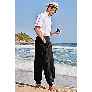 COOFANDY Men Linen Baggy Harem Pant Hippie Pants Yoga Casual Drop Crotch Trouser Black