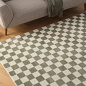 Revival Rugs Gambit 5'3"x8' Checkered Rug Washable Area Rug for Living Room Bedroom - 100% Recycled Oeko-TEX Certified, Medium Pile, Green, Beige