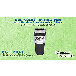 Personalized 16 oz. Insulated Plastic Travel Mugs - 10 Pack - Custom Text, Logo - Stainless Steel