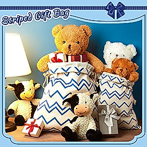 Dunzy 2 Pack Drawstring Gift Bags Large Ivory and Blue Stripe Fabric Gift Bags Reusable Canvas Gift Bags for Father's Day Birthdays Holiday, 15.8 x 19.7 Inch, 11.8 x 15.8 Inch