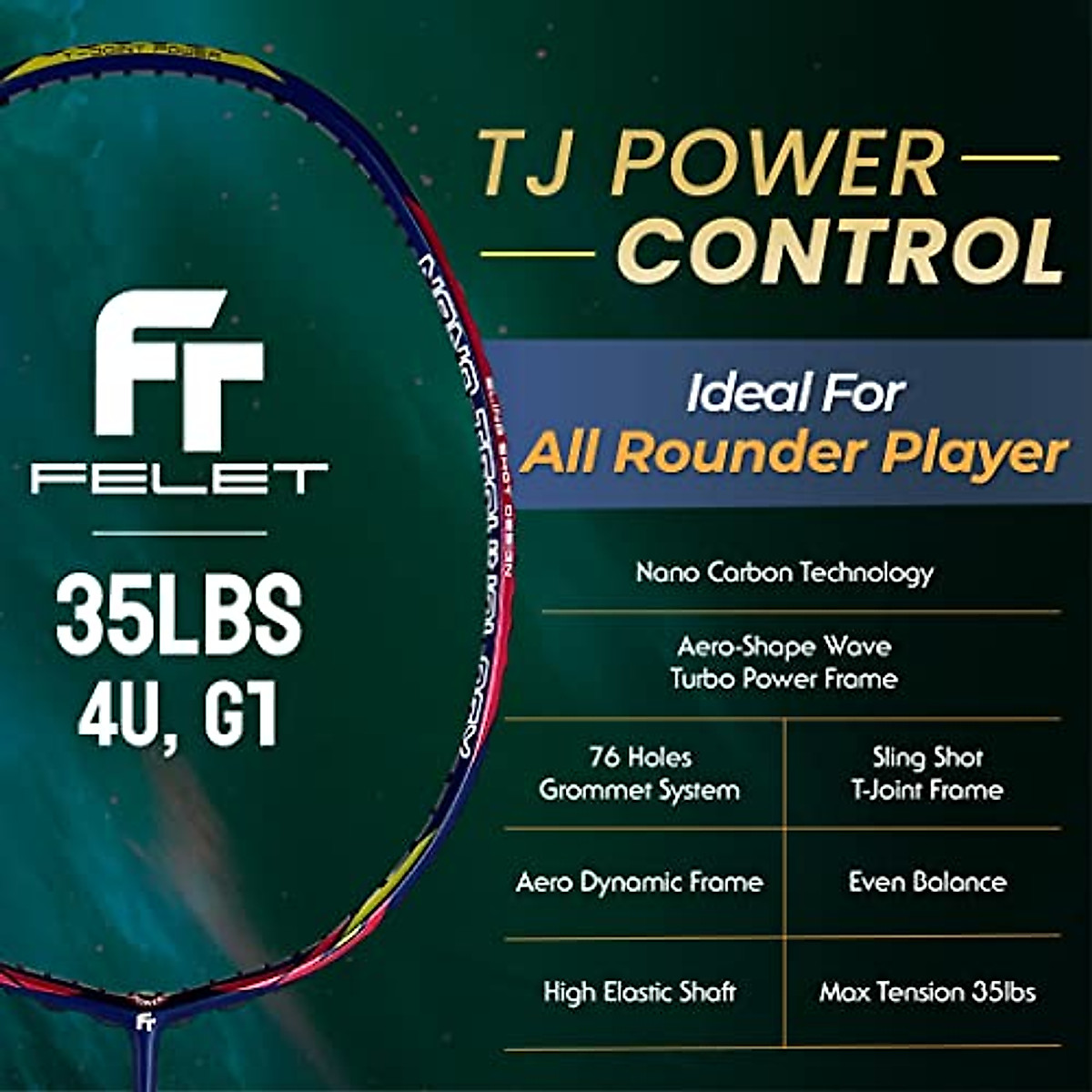 2X FELET TJ Power-Control (Blue Red) Badminton Racket - 3 in 1 Combination Frame with Japan Hot Melt Graphite, 35lbs Max Tension (4UG1) | Buy 1 Free 1