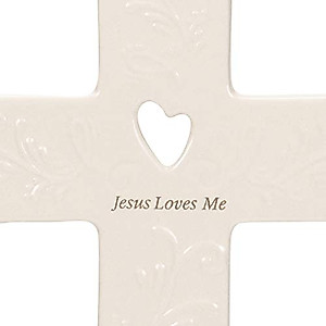Jesus Loves Me Filigree Heart 7 x 4 Ceramic Stoneware Crib Cross