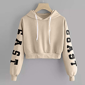 Bblulu Women's Letter Print Sweatshirt Raw Hem Drawstring Crop Top Hoodie Solid Color Pullover Hooded Sweatshirts