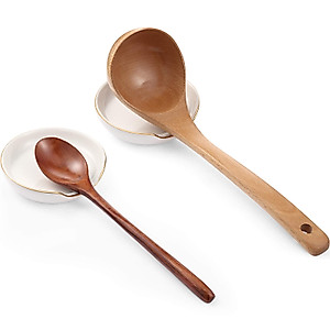 2 Pieces Gold Trim Ceramic Spoon Rest for kitchen,4 Inches Spoon Holder for Stove Top Spatula Holder, Coffee Spoon Rest Cradle, Kitchen Utensils Accessories (White)