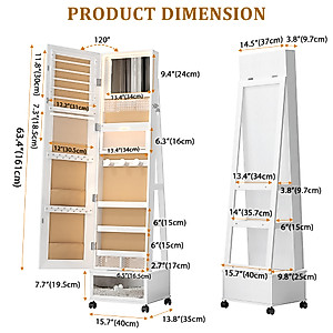 Vlsrka 360° Swivel Jewelry Mirror Cabinet with Lights, Standing Jewelry Armoire Organizer Rotatable Full Length Mirror with Jewelry Storage, Lockable with Rear Storage Shelves, Built-in Makeup Mirror