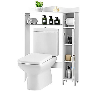 Hysache Over-The-Toilet Storage Organizer, Home Bathroom Space Saver w/ 2 Long Open Shelves, 1-Door Cabinet, Adjustable Shelf, Anti-Toppling Storage Rack, Freestanding Organizer Toilet Rack Stand
