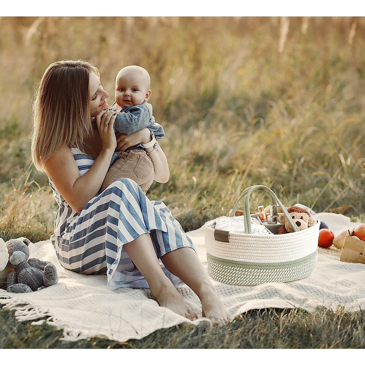 DECOMOMO Green Diaper Caddy, Nappy Caddy, Woven Baby Basket (Sage Green & White, Large)