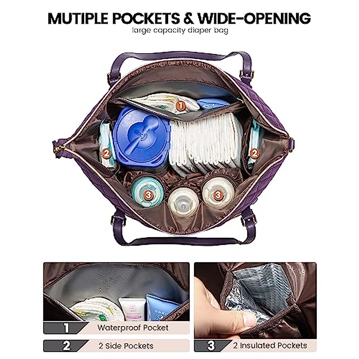 LOVEVOOK Diaper Bag Tote, Large Travel Baby Diaper Bag with Pacifier Holder and Changing Pad, Quilted Diaper Tote for Baby, Waterproof Mommy Bag for Hospital, Stylish & Multifunction, Purple