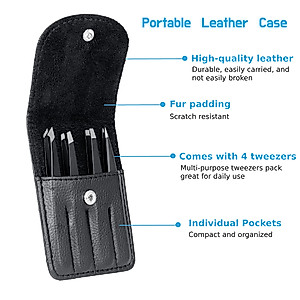 Rikans Precision Tweezers Set – Pack of 4 Black Professional Tweezers – Handy Carry Pouch – Superior Stainless Steel Tweezer Set – Splinters, Eyebrows, Facial or Ingrown Hair – Blackheads Remover