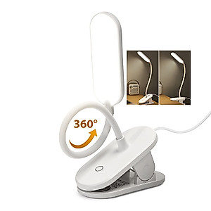 Aigostar Rechargeable Clip on Book Reading Light, Brightness Desk Lamp Touch LED Table Light with 3 Levels Dimmable,Built-in USB Cable,Long Lasting Portable Bed Bedside Clamp Light White