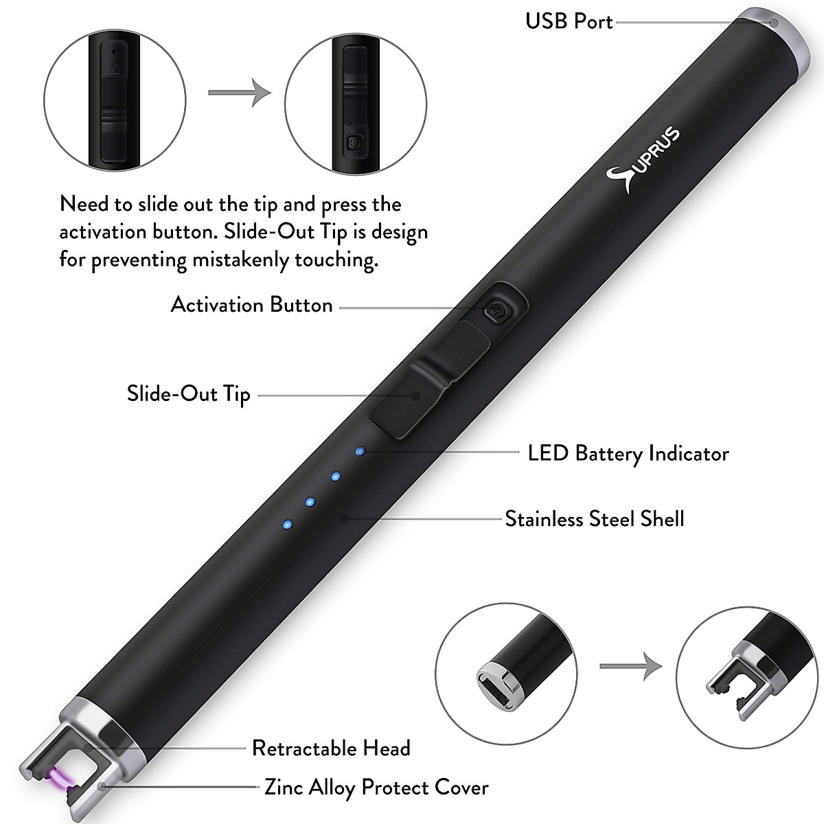 SUPRUS Lighter Electric Candle USB Type C Rechargeable Lighter with Upgraded LED Battery Display Safety Switch Flameless Plasma Windproof for Cooking BBQs Fireworks